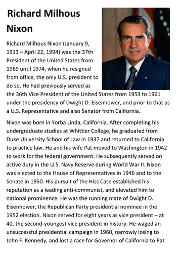 Richard Nixon Handout | Teaching Resources