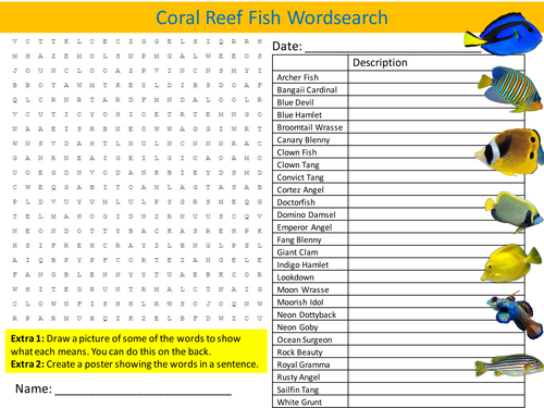 Coral Fish Wordsearch Animals Literacy Starter Activity Homework Cover ...