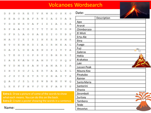 Volcanoes 1&2 Wordsearch Geography Geology Literacy Starter Activity ...