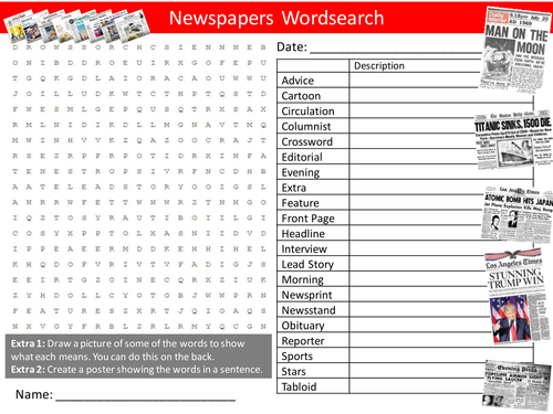 Newspapers Wordsearch English Language Literacy Starter Activity ...