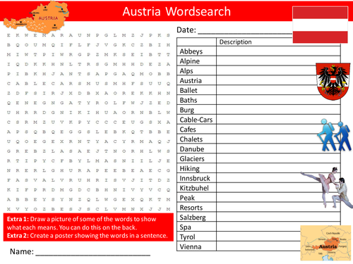 Austria Wordsearch Country Geography Literacy Starter Activity Homework ...