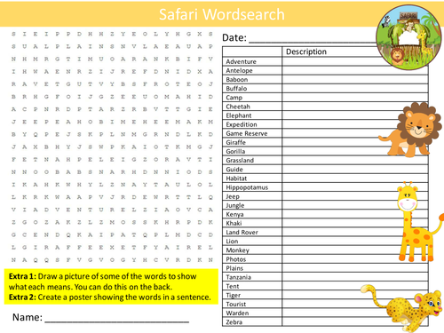 Safari Wordsearch Holidays Starter Activity Homework Cover Lesson ...