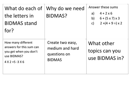 BIDMAS Blooms task | Teaching Resources