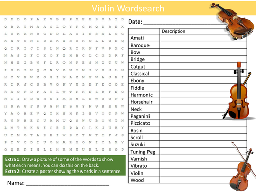 Violin Wordsearch Musical Instrument Music Starter Activity Homework ...
