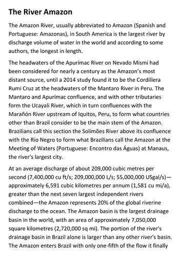 The River Amazon Handout | Teaching Resources