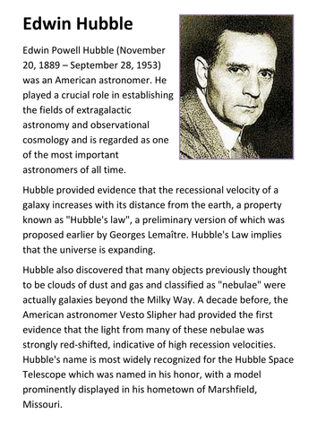 Edwin Hubble Handout | Teaching Resources
