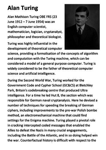 Alan Mathison Turing Handout | Teaching Resources
