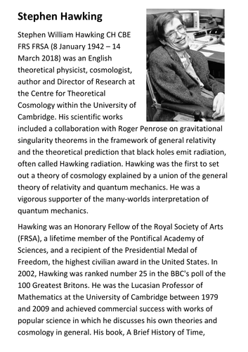 Stephen Hawking Handout | Teaching Resources