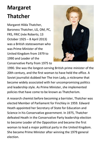 Margaret Thatcher Handout | Teaching Resources