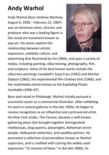 Andy Warhol Handout | Teaching Resources