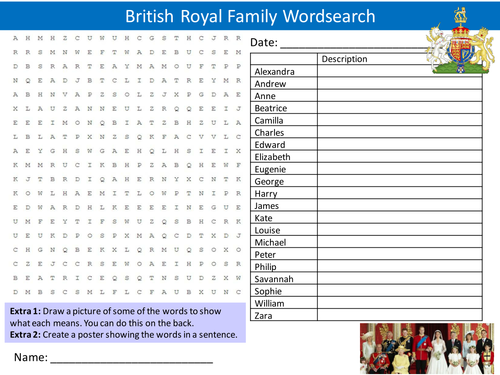 The British Royal Family Wordsearch Starter Activity Homework Cover ...