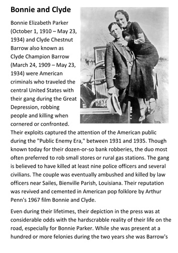 Bonnie and Clyde Handout | Teaching Resources