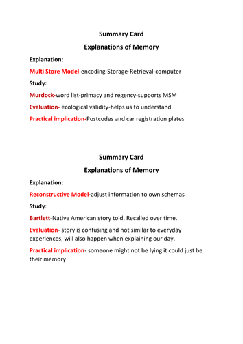 memory summary cards | Teaching Resources