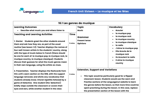 Languagenut Lesson Plans & Resources - French - Unit 16 - Music and ...