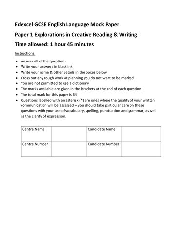 Edexcel GCSE English Language Mock Paper 1 - War of the Worlds ...