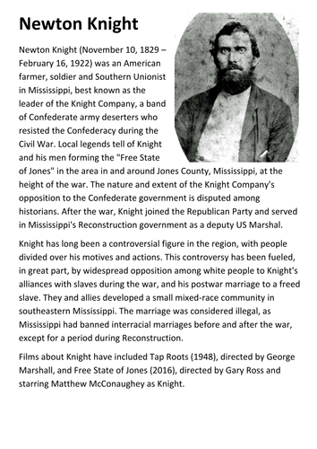 Newton Knight Free State of Jones Handout | Teaching Resources