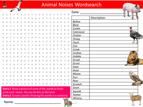 Animal Noises Wordsearch Animals Onomatopoeia Starter Activity Homework ...