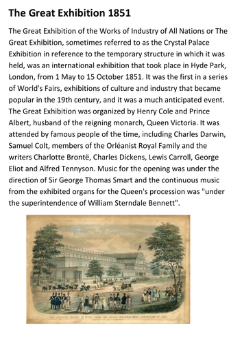The Great Exhibition 1851 Handout | Teaching Resources