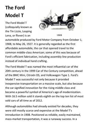 The Ford Model T Handout | Teaching Resources