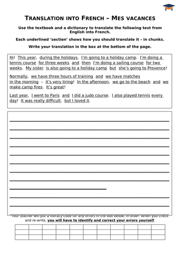 French - Holidays translation worksheet | Teaching Resources