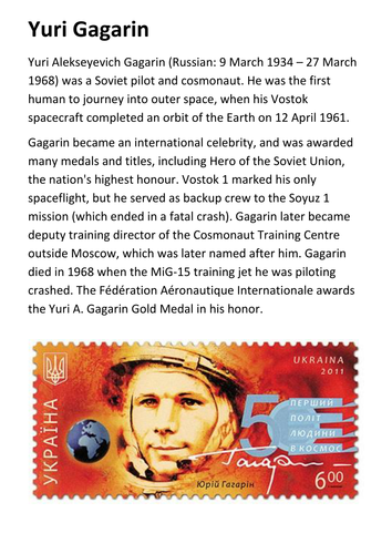 Yuri Gagarin Handout | Teaching Resources