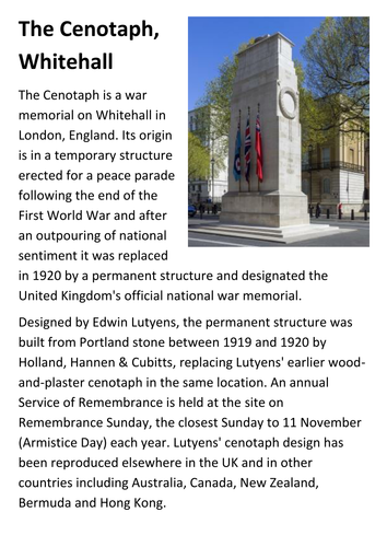 The Cenotaph, Whitehall Handout | Teaching Resources
