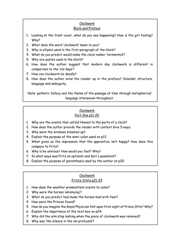 Clockwork by Philip Pullman Reading Comprehension Questions | Teaching Resources