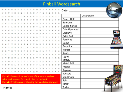 Pinball Wordsearch PE Sports Hobbies Starter Settler Activity Homework ...