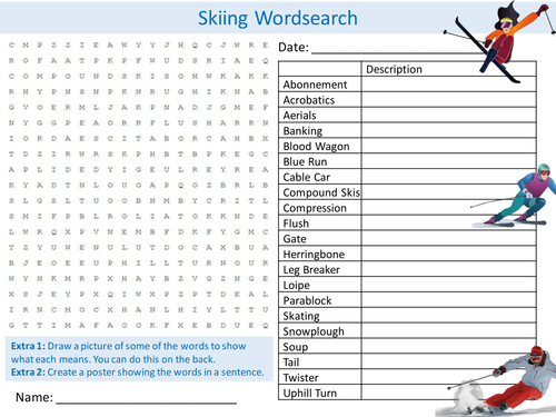Skiing Wordsearch PE Sports Starter Settler Literacy Activity Homework ...