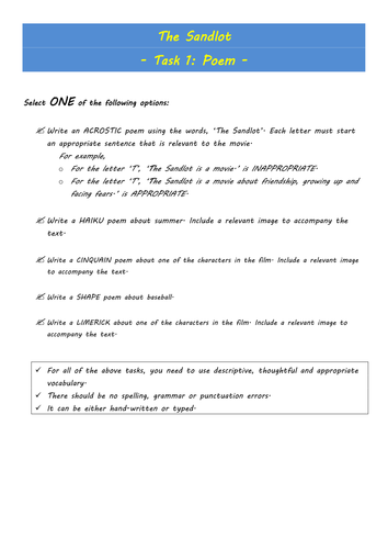 The Sandlot movie activities | Teaching Resources