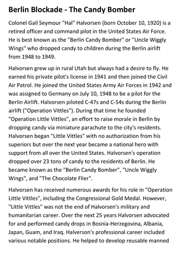 Berlin Blockade - The Candy Bomber Handout | Teaching Resources