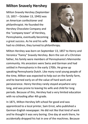 Milton Snavely Hershey Handout | Teaching Resources