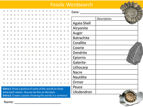 Fossils Wordsearch Geography Geology Starter Settler Activity Homework ...