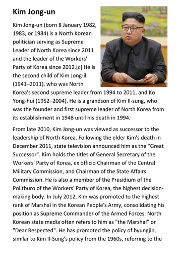 Kim Jong-un North Korea Handout | Teaching Resources