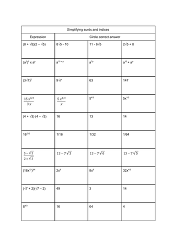 Simplifying surds and indices | Teaching Resources Simplifying surds and indices | Teaching Resources