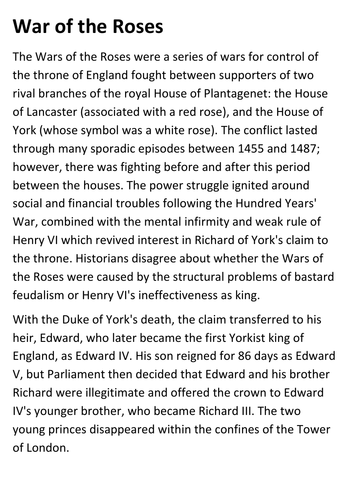 War of the Roses Handout | Teaching Resources