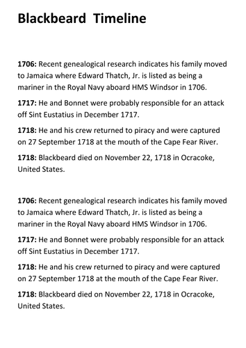 Blackbeard Timeline and Quotes Handout | Teaching Resources