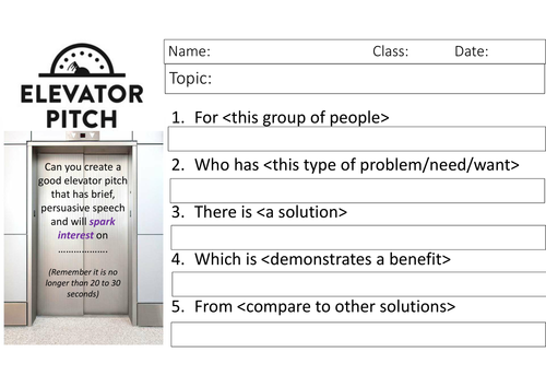 History Elevator Pitch Exercise and Worksheets by teacherstevenson ...