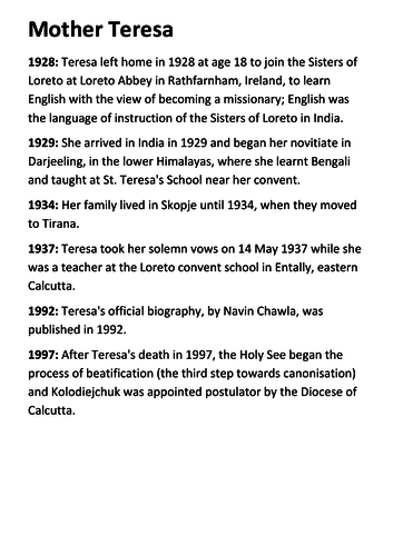 Mother Teresa Timeline and Quotes - Educational Images | Picstank