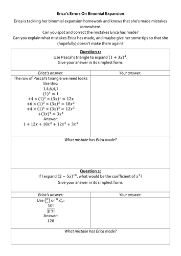 Erica's Errors On Binomial Expansion | Teaching Resources Erica's Errors On Binomial Expansion | Teaching Resources