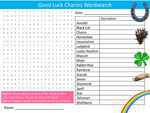 Good Luck Charms Wordsearch Superstition Omens Starter Settler Activity ...