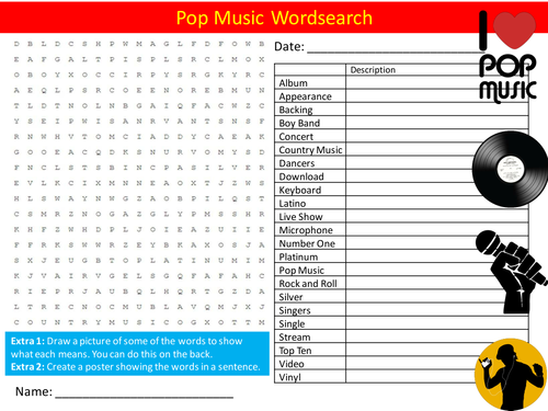 Pop Music Wordsearch Styles Starter Settler Activity Homework Cover ...