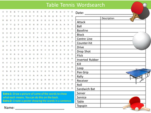 Table Tennis Wordsearch PE Sports Starter Settler Activity Homework ...