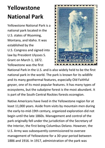 Yellowstone National Park Handout | Teaching Resources
