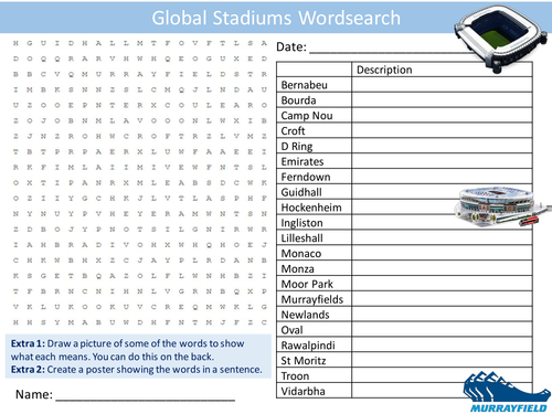Global Stadiums Wordsearch PE Sports Starter Settler Activity Homework ...