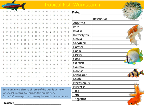 Tropical Fish Wordsearch Animals Pets Starter Settler Activity Homework ...
