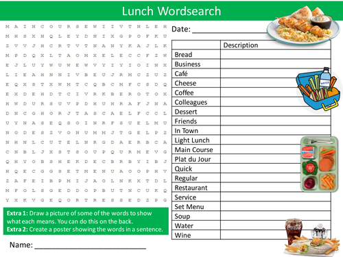 Lunch Wordsearch Food Technology Starter Settler Activity Homework ...