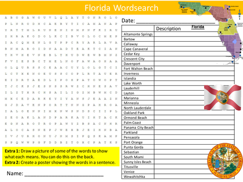 Florida Wordsearch United States US State Starter Settler Activity ...