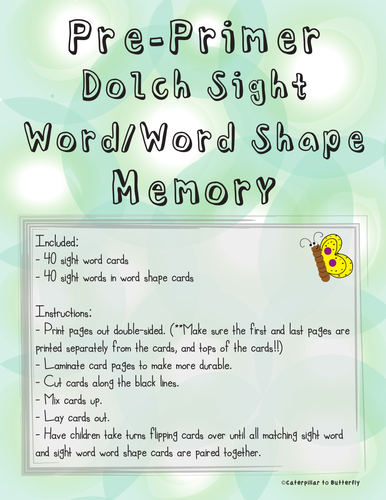 Pre-Primer Sight Word Memory: Word Shape Version | Teaching Resources Pre-Primer Sight Word Memory: Word Shape Version | Teaching Resources