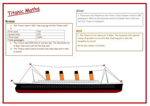 Titanic word problems based on real facts KS2 3/4 digits including time ...